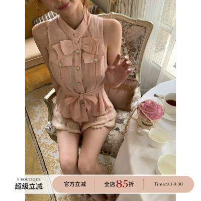 F boutique「桃桃奶芙」100%亚麻华夫格小香蝴蝶结无袖圆领衬衫