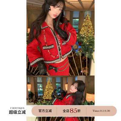 F boutique 现货「中古复刻」小香定染车厘红亮片九分袖外套+裙裤