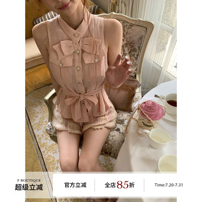 F boutique「桃桃奶芙」100%亚麻华夫格小香蝴蝶结无袖圆领衬衫