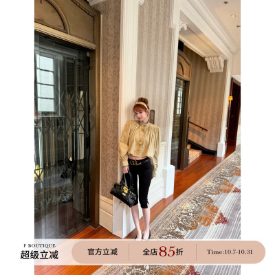 F boutique「阿普瑞风」高克重罗马针织弹力开衩黑色五分紧身裤