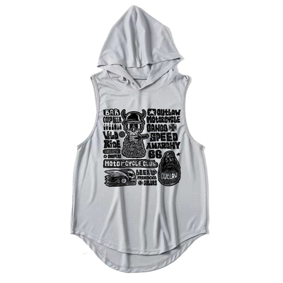 美式复古机车风印花圆下摆套头无袖宽松男女休闲运动健身连帽背心
