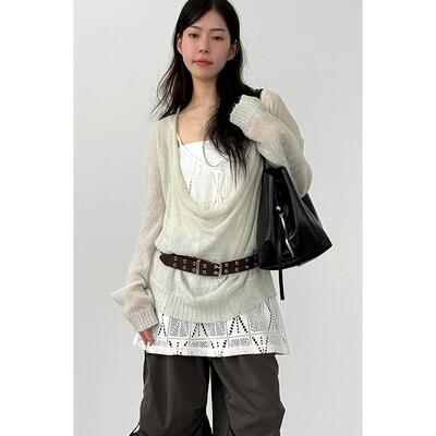 韩国代购26S/S alpaka draphed neck knit 设计师大U领薄透针织衫