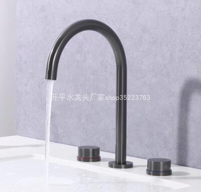 枪灰色 黄铜三件套欧式分体双把陶瓷面盆龙头浴室柜三孔30543实拍