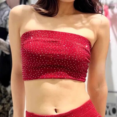 闪光镶钻亮钻红色抹胸Twinkles套装heels爵士高腰高弹防走光裹胸