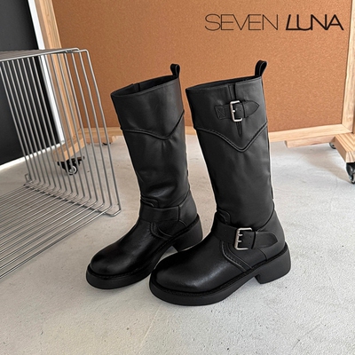 SEVEN LUNA~国内正品2025秋冬英伦骑士靴厚底粗跟中筒靴女SLXD386