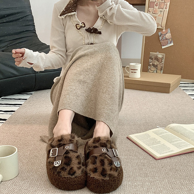 2026年新款时尚8829半包豹纹百搭外穿软底家居保暖毛毛鞋女拖鞋
