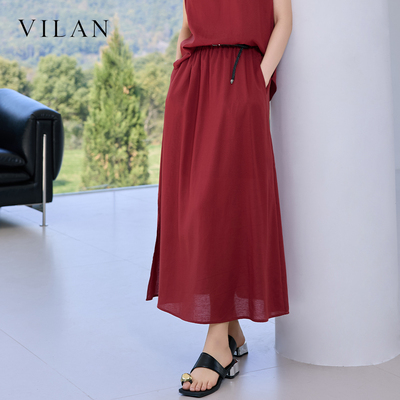 vilan慧兰半身裙女夏新款高腰显瘦气质垂感侧开叉中长款 A 字半裙