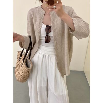 中式圆领高端色织慵懒百搭100%汉麻立领条纹上衣开衫 88201