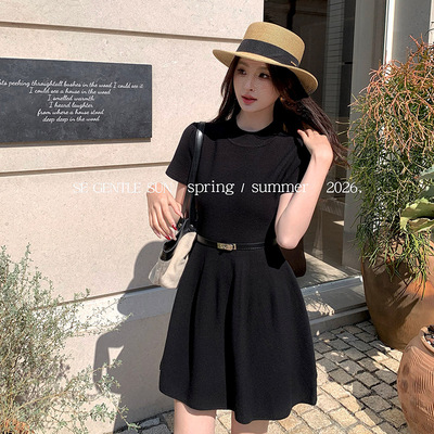 韩系天丝麻显瘦高腰短款连衣裙