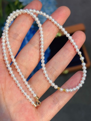18k配天然淡水ak珍珠项链，皮光极好，3.5-4mm 左右
