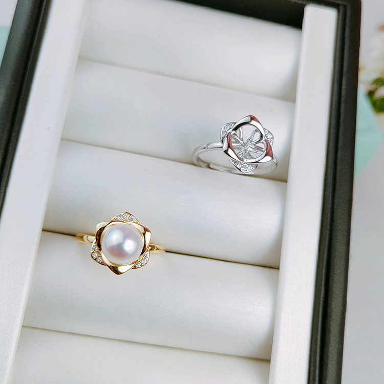 DIY珍珠配件 S925纯银珍珠戒指空托可调节时尚款配6-8mm圆扁珠_虎窝淘