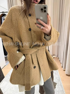 现货 韩国东大门冬季ROOM系腰带短款苏丽羊驼毛阿尔巴卡大衣外套