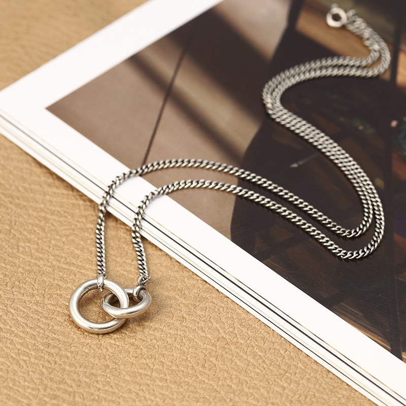 时尚泰银工艺小众设计森系锁骨链饰品s925纯银潮流双环女士细项链_虎窝淘