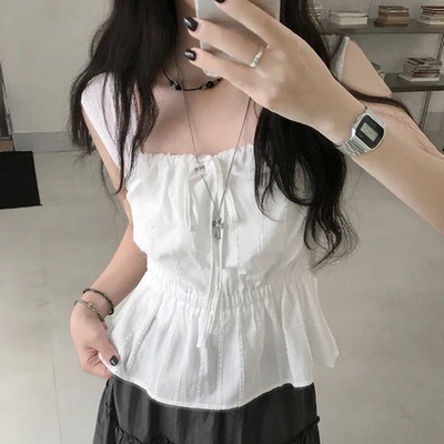 夏日小记 芭蕾风荷叶边收腰吊带小衫 纯欲风温柔休闲宽松无袖上衣