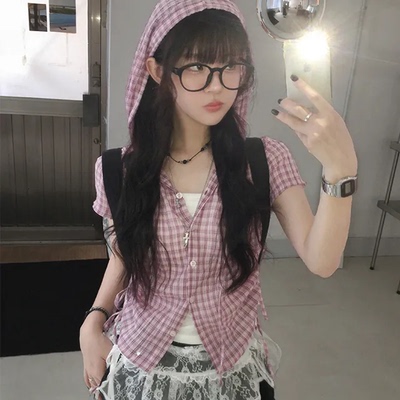 夏日小记 复古格纹短袖纽扣连帽衬衫 日系学院风格子收腰短款上衣