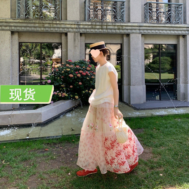 26夏新法式优雅气质百搭立体刺绣印花拼接欧根纱高腰显瘦半身裙女