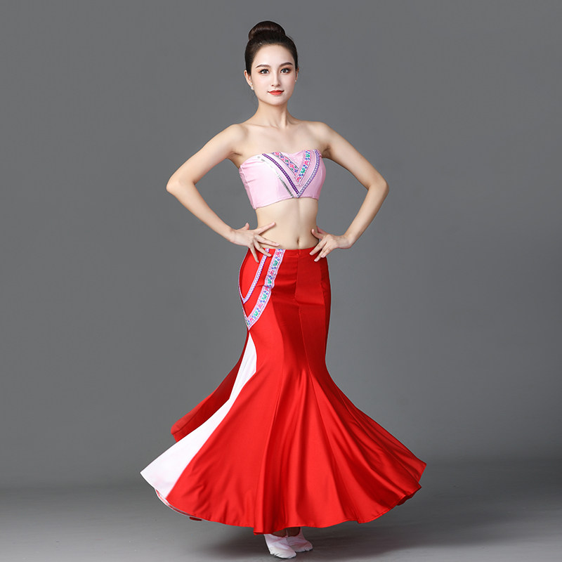 傣族舞蹈服装女孔雀独舞表演鱼尾裙成人大摆裙艺考练习演出服定制