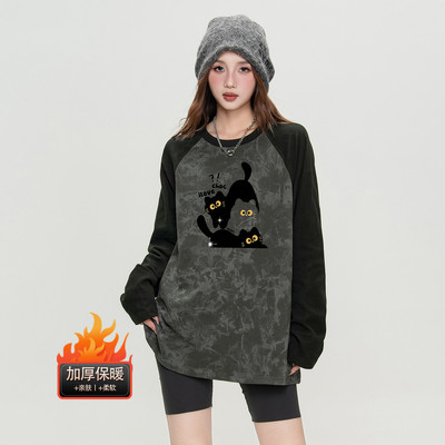 美式晕染印花长袖T恤女加绒