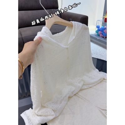 3835【全身钩花白色帽衫】春夏新款女士气质帽衫宽松外穿带帽毛衣