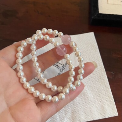 天然莫桑比克粉水晶淡水珍珠手链