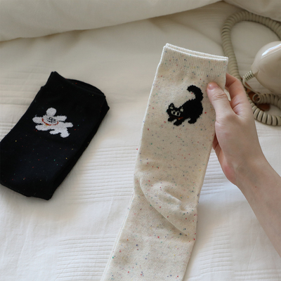 设计插画狗狗中筒袜女袜日系彩点秋冬袜子女韩国