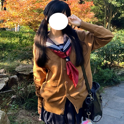 学院风日系棕色针织开衫叠穿绀三本水手服女冬环扣红领巾秋冬套装
