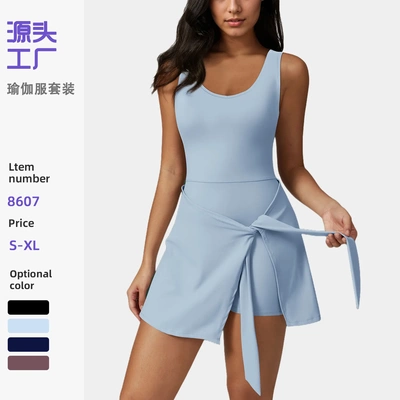 欧美跨境系带网球连衣裙裤女一体式短款高腰显瘦运动瑜伽连体裙
