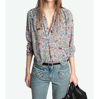 法式休闲通勤粘纤花色长袖衬衫