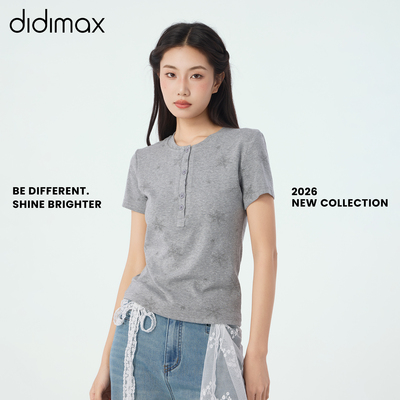 didimax夏季新款亨利领休闲风T恤修身型星星闪钻短袖正肩X08288