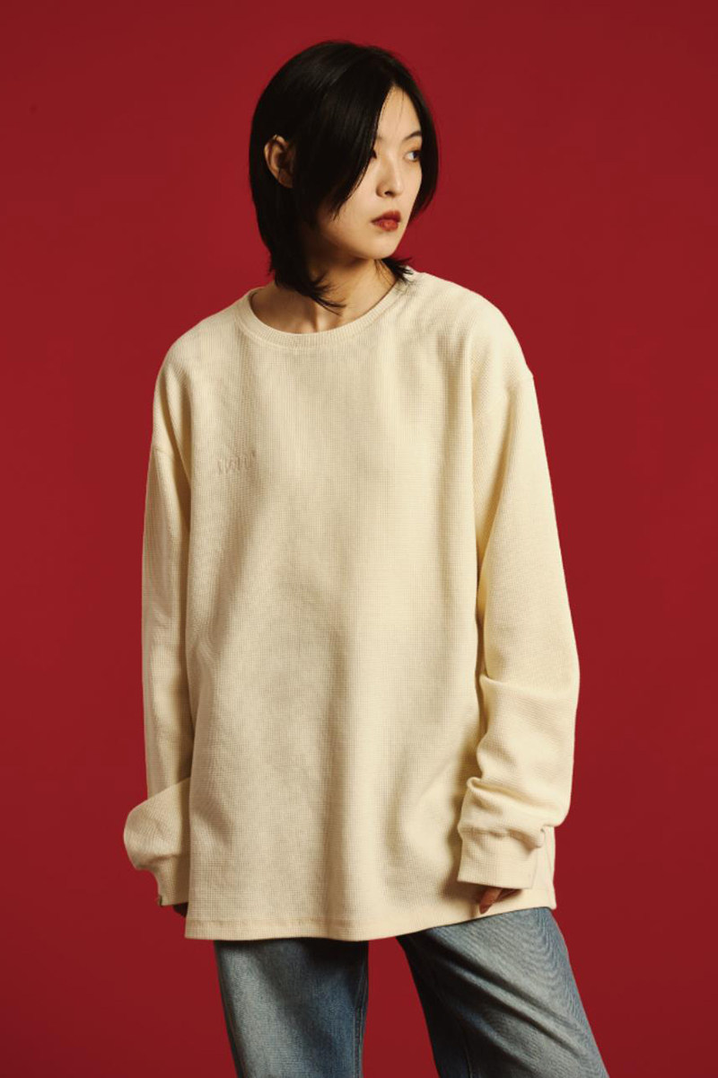 OSCill潮牌圆领华夫格上衣百搭宽松国潮复古打底衫男女同款长袖_虎窝淘