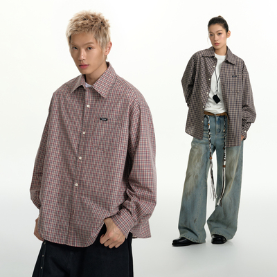 TGNS格纹衬衫女夏季薄款美式复古格子衬衣老钱风男生长袖宽松外套