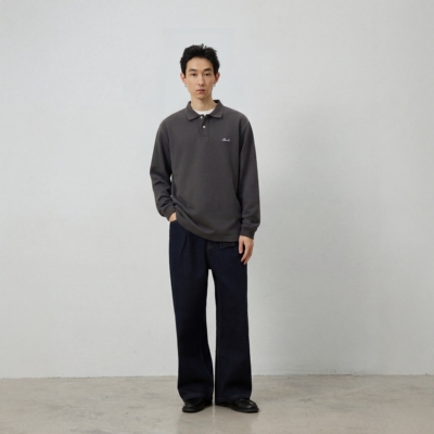 REOCHA热呈logo刺绣长袖T恤男头翻领潮牌国潮复古宽松美式POLO衫