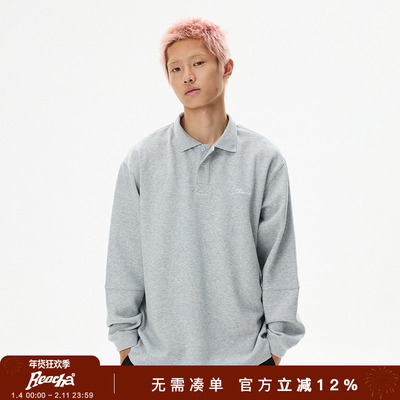 REOCHA热呈logo刺绣长袖T恤男头翻领潮牌国潮复古宽松美式POLO衫