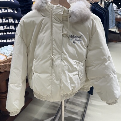 ONE MOMENT正品新款韩版气质简约毛领连帽棉服女宽松显瘦百搭外套