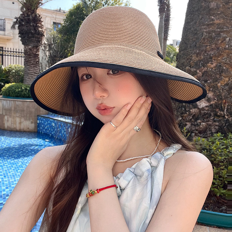 夏季可扎马尾百搭大沿草帽户外旅游防晒遮阳帽透气太沙滩阳帽子女