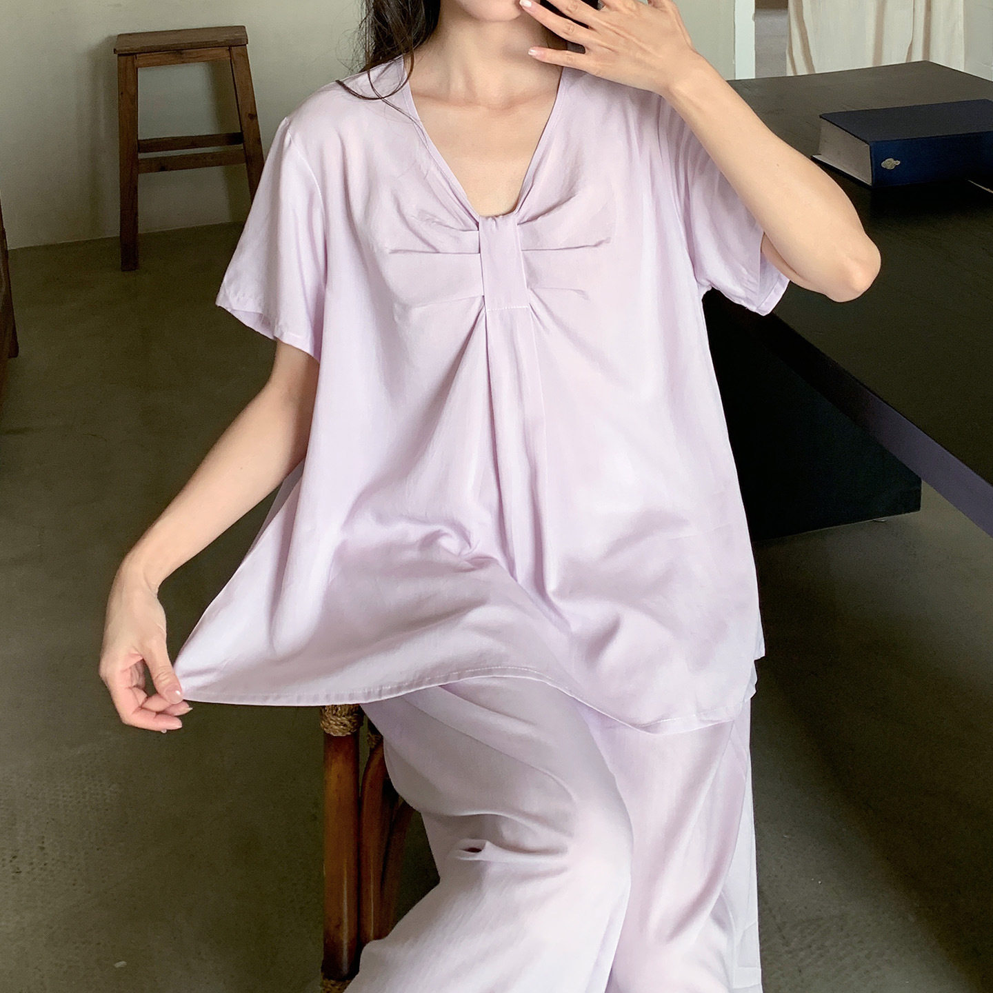 韩版甜美可外穿娃娃领短袖长裤睡衣女夏季薄款宽松家居服棉绸套装