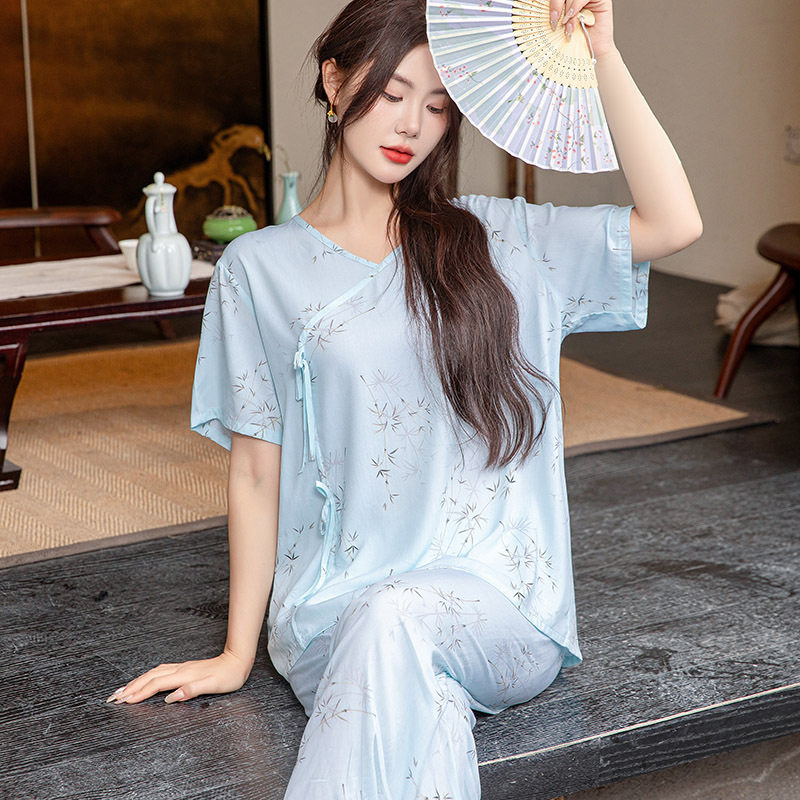 夏天棉绸睡衣女夏季中年夏款薄新中式套装印花圆领国风绵绸家居服