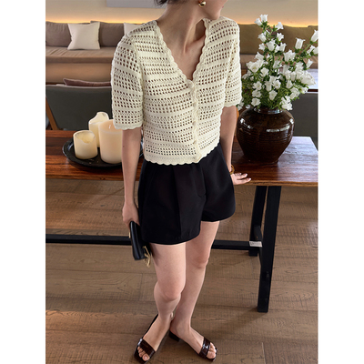 SOTHEA 法式度假风 2025年夏季时髦钩花全棉短款短袖针织衫上衣