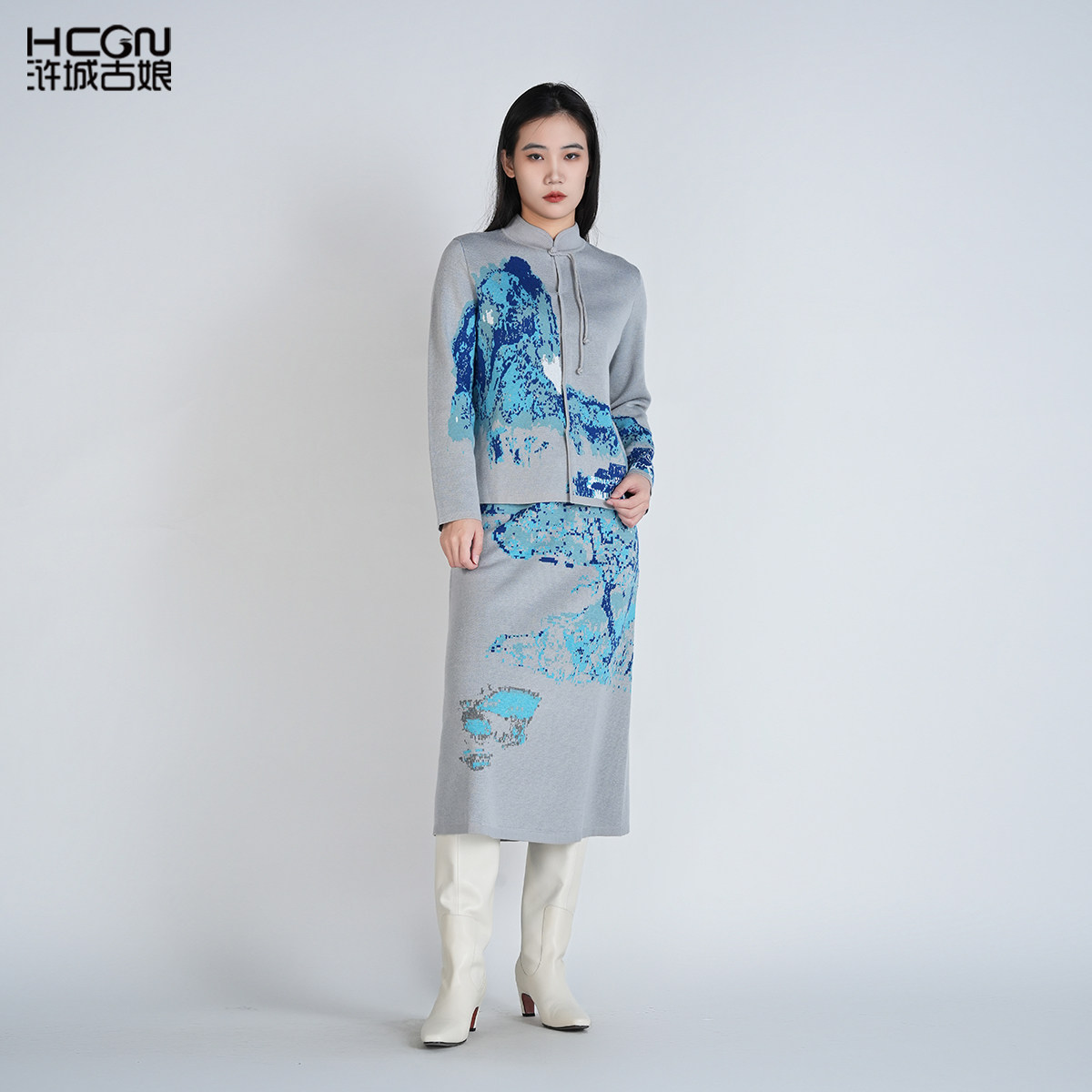 中国风绵羊毛春秋季高级感女士气质保暖宽松青花山水提花毛衫套装