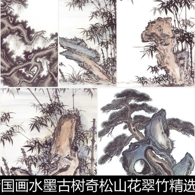 AOL中国风高清国画水墨古树奇松山花翠竹精选临摹素材图库资料参