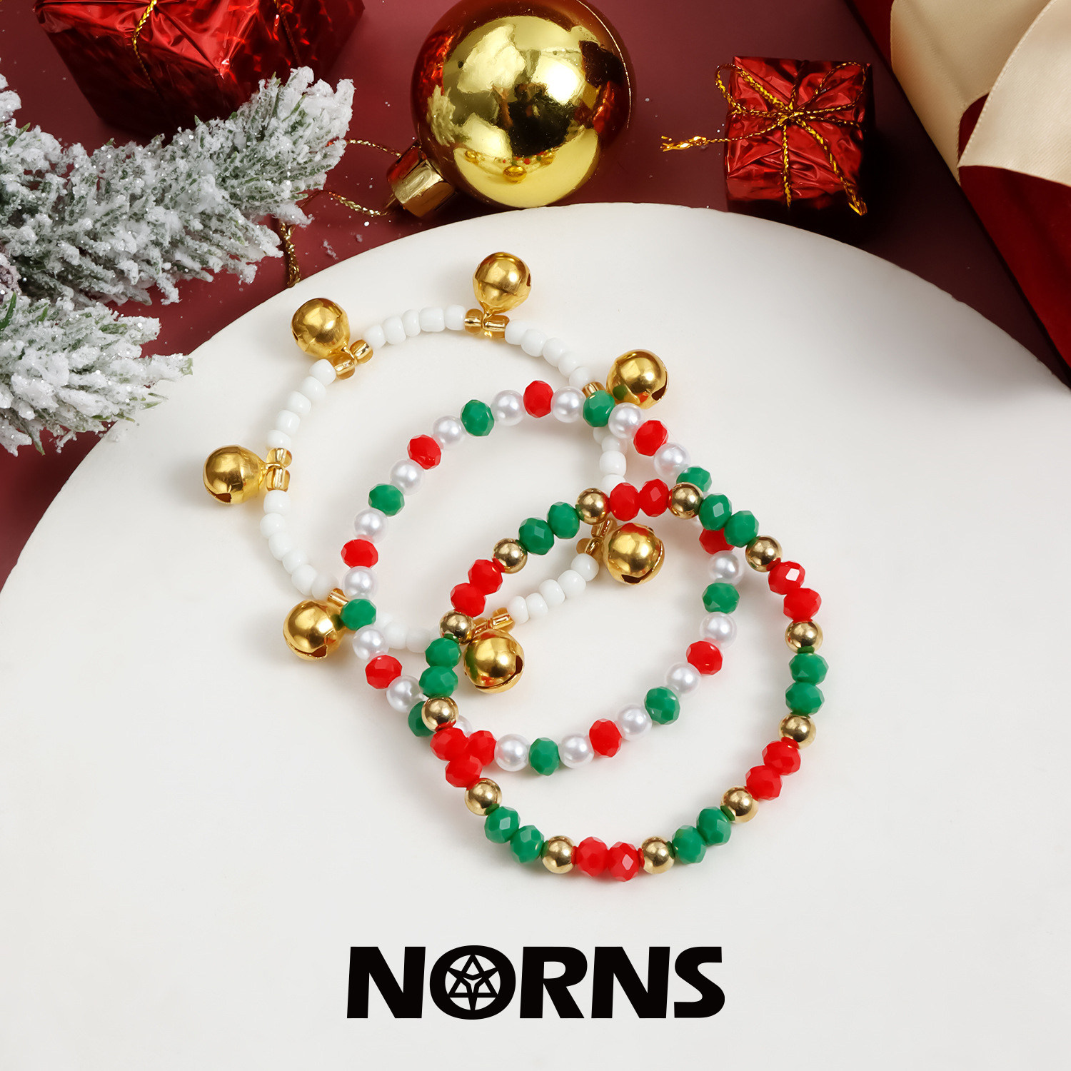 Norns欧美红绿白混搭圣诞节铃铛彩色拼色串珠弹力手链套装组合