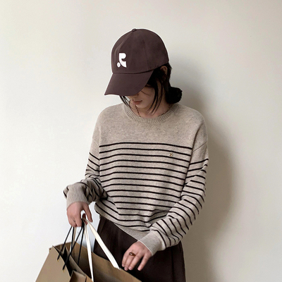 百搭休闲条纹针织衫长袖上衣女