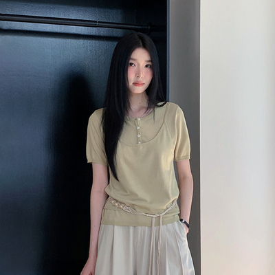 假两件短袖针织衫修身显瘦上衣女