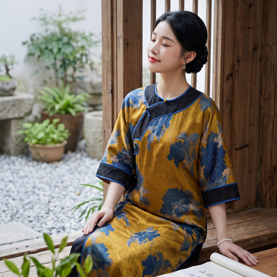 【凤仪】260629Q新中式国风斜襟盘扣夏季女士宽松显瘦连衣裙袍子