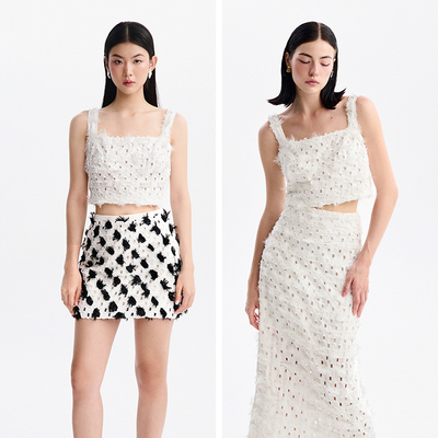 越南小众MUSTHAVE 2026年夏季新款减龄方领镂空磨毛高腰套装裙