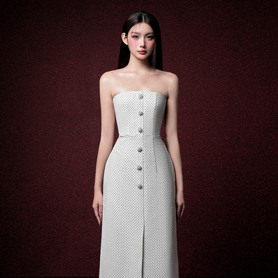 越南小众RAFFINE 2026年冬季新款珍珠水钻配饰镂空设计抹胸长裙