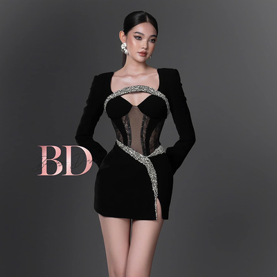 越南小众品牌BANDAGE 2024冬季新款黑色蕾丝亮片设计感连衣裙