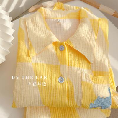 蓝色猫猫刺绣全棉双层纱家居服