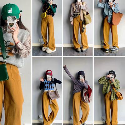 iuui·le  棕黄色牛仔裤女2025新款复古休闲宽松小个子百搭阔腿