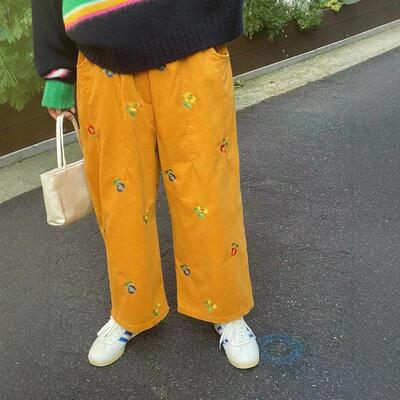 正品现货秋季韩国东大门VENTI满身刺绣小花灯芯绒休闲裤